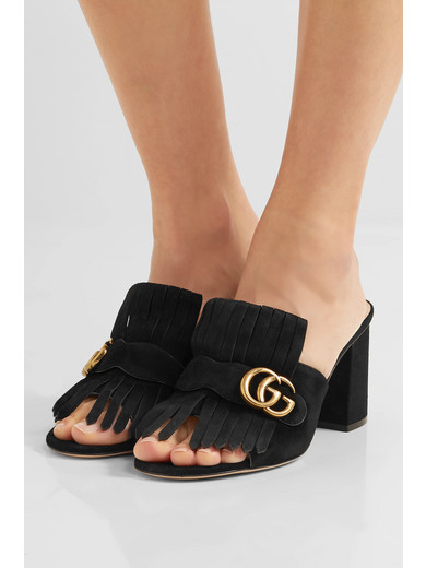 Gucci Marmont Fringed Logo Embellished Suede Mules Net A Porter Com